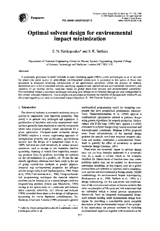 (PDF) Optimal solvent design for environmental impact minimization