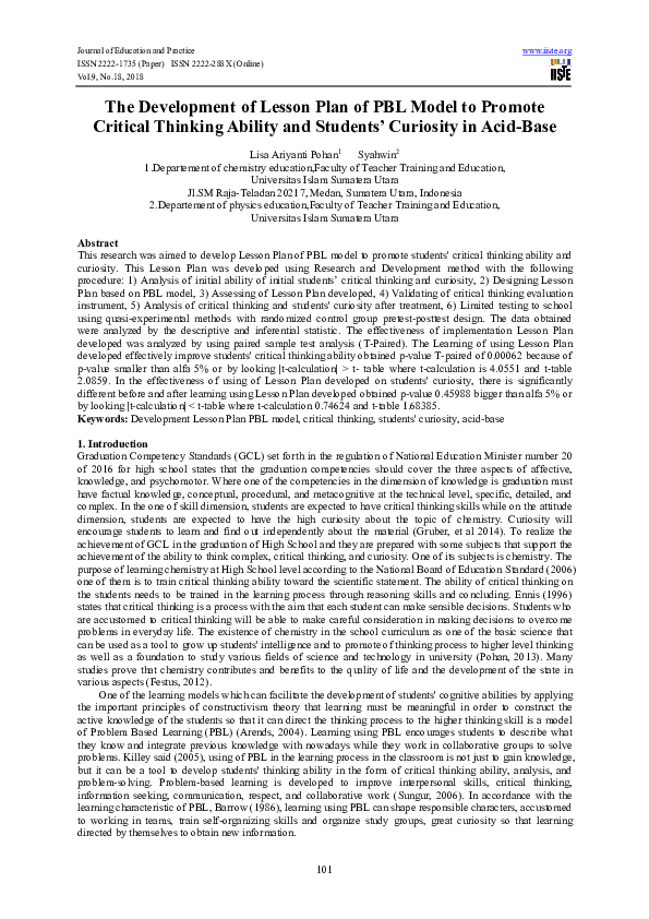 (PDF) The Development of Lesson Plan of PBL Model to Promote Critical ...