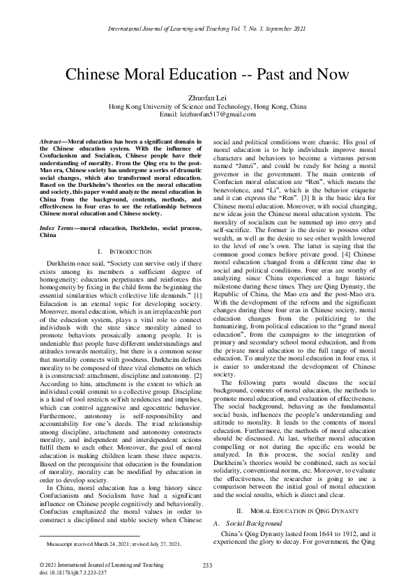 (PDF) Chinese Moral Education -- Past and Now