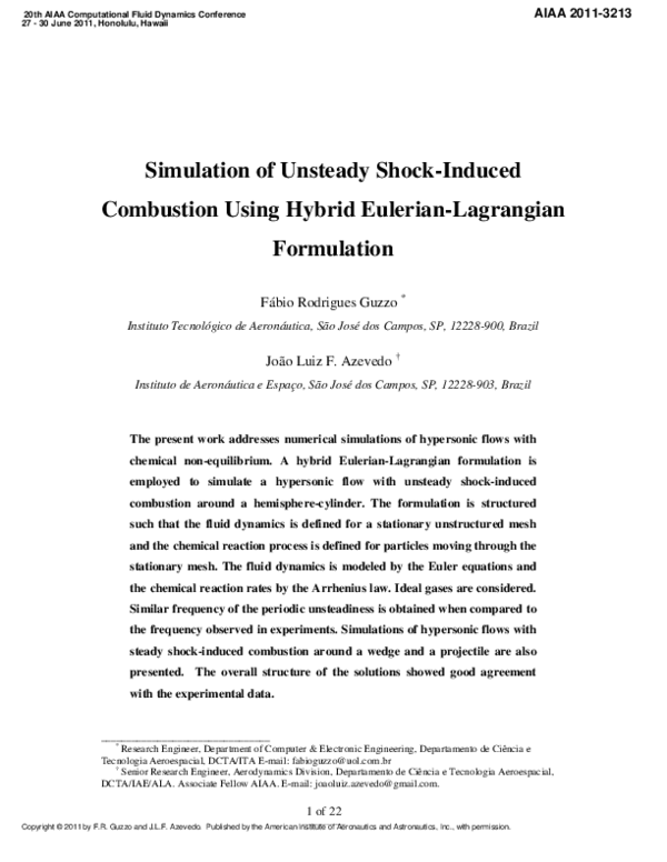 (PDF) Simulation of Unsteady Shock-Induced Combustion Using Hybrid Eulerian-Lagrangian Formulation