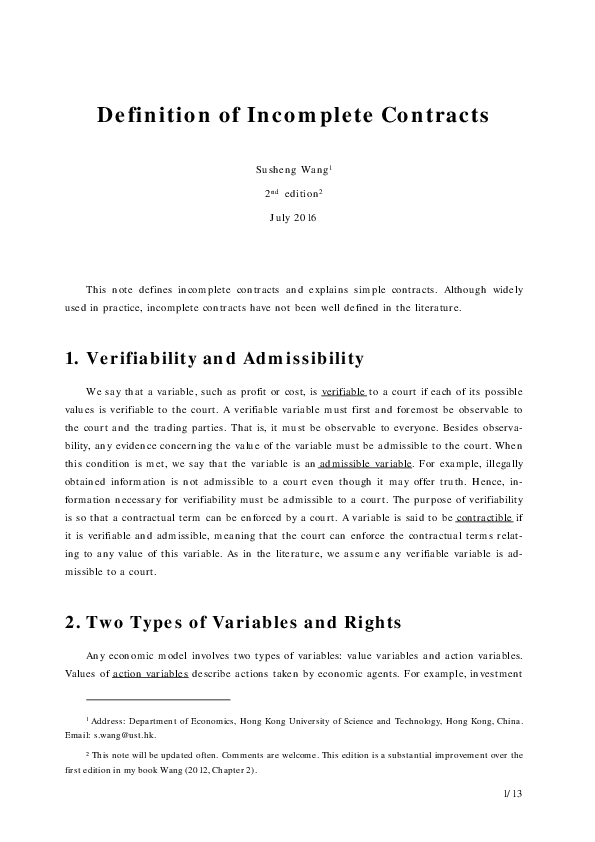 (PDF) Definition of Incomplete Contracts