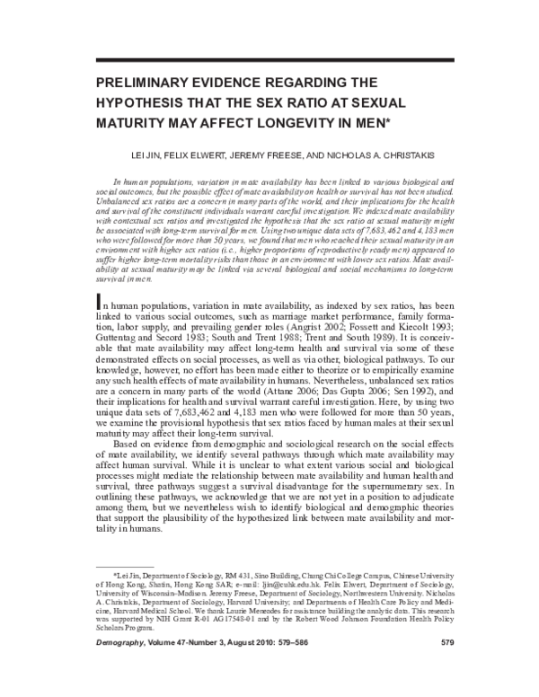 Pdf Preliminary Evidence Regarding The Hypothesis That The Sex Ratio