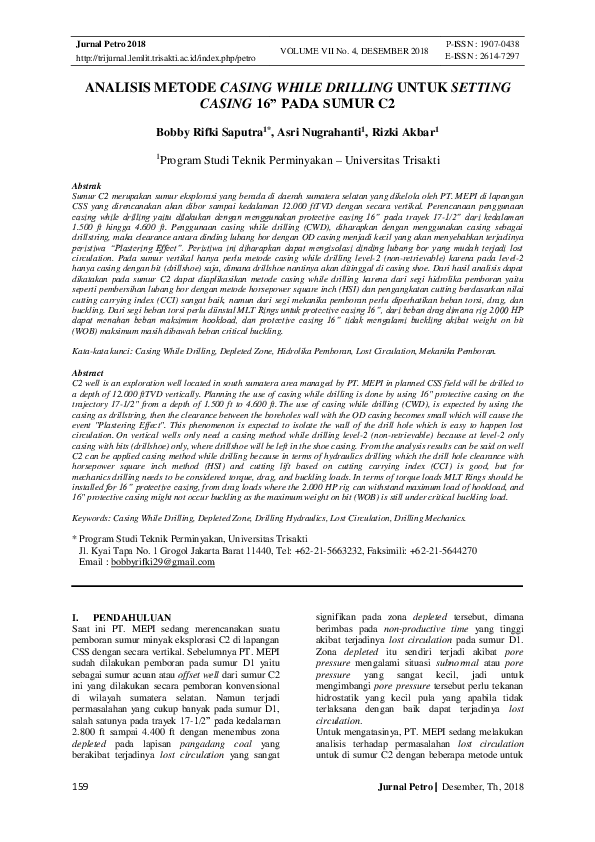 (PDF) Analisis Metode Casing While Drilling Untuk Setting Casing 16” Pada Sumur C2