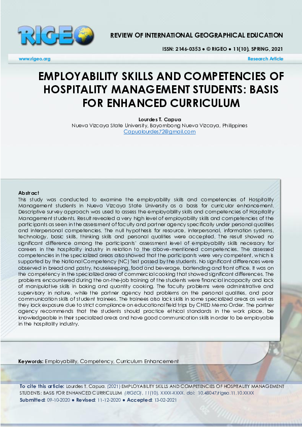 (PDF) Employability Skills and Competencies of Hospitality Management ...
