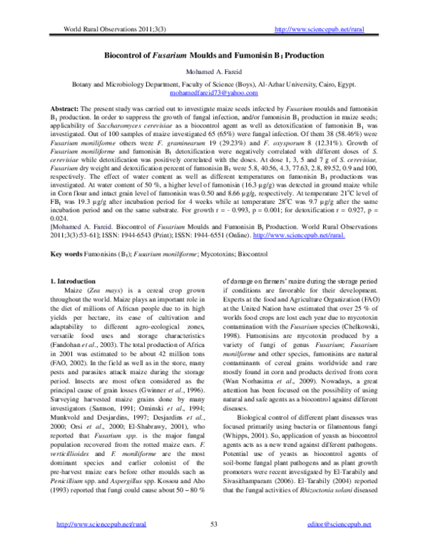 (PDF) Biocontrol of Fusarium Moulds and Fumonisin B1 Production