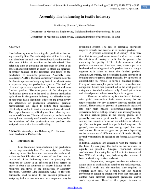 (PDF) Assembly line balancing in textile industry