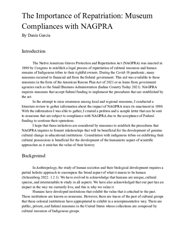 (PDF) The Importance of Repatriation: Museum Compliances with NAGPRA