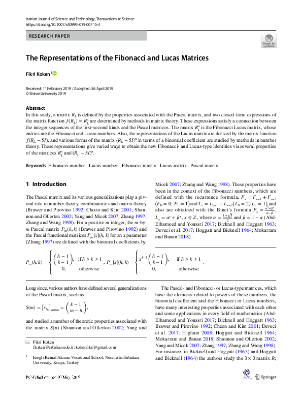 (PDF) The Representations of the Fibonacci and Lucas Matrices