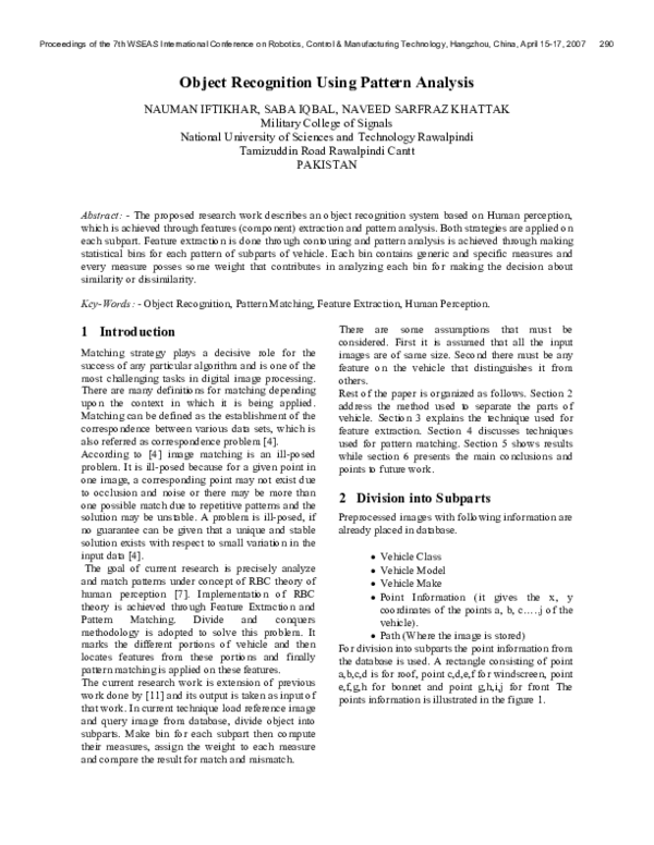 (PDF) Object recognition using pattern analysis