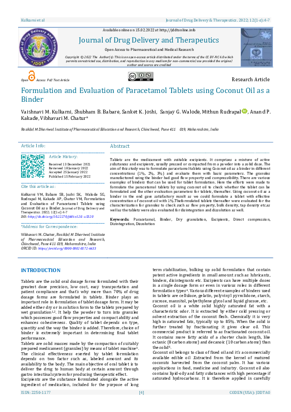 (PDF) Formulation and Evaluation of Paracetamol Tablets using Coconut ...