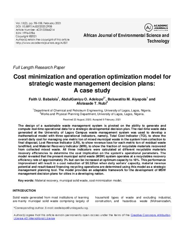 (PDF) Cost minimization and operation optimization model for strategic ...