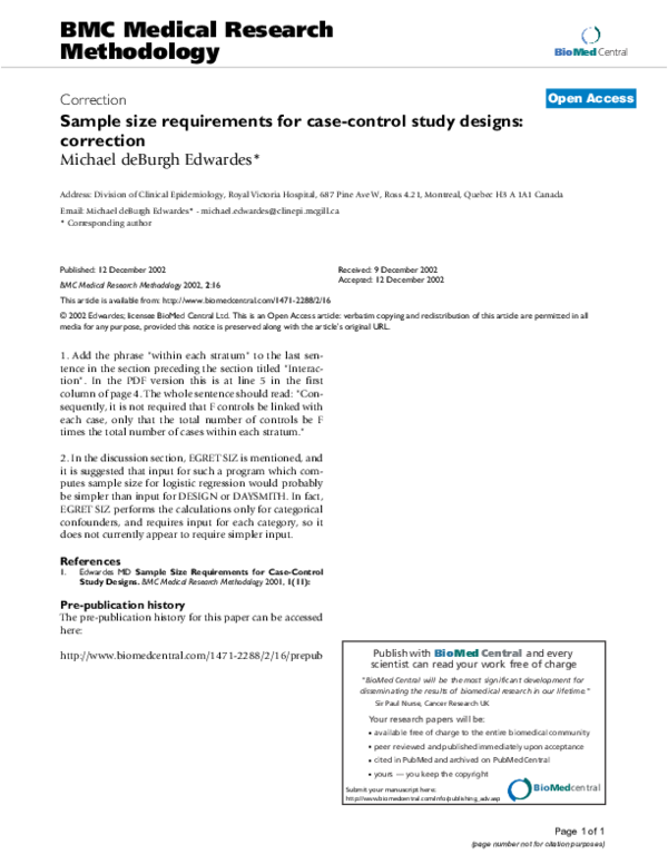 (PDF) Erratum to: Sample size requirements for case-control study designs