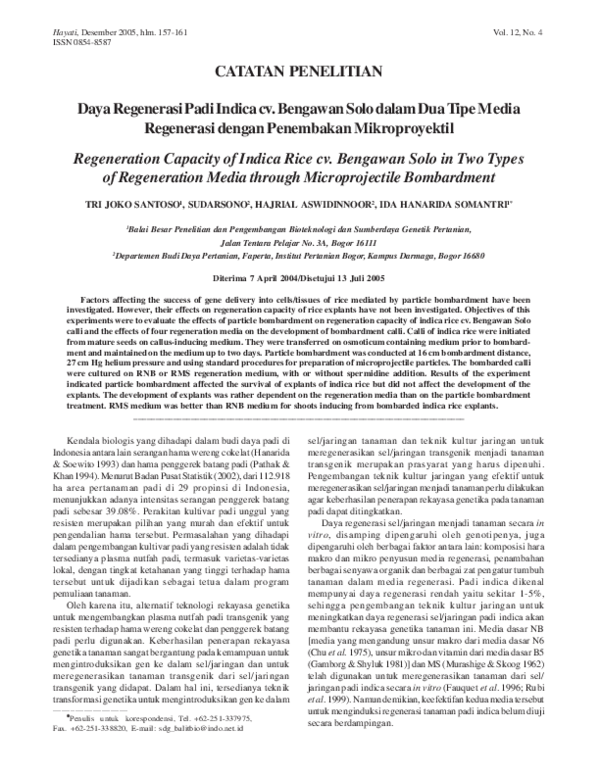 (PDF) Daya Regenerasi Padi Indica cv. Bengawan Solo dalam Dua Tipe ...