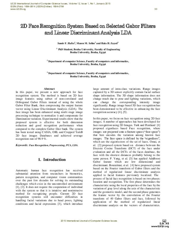 (PDF) 3D face recognition based on normal map features using selected Gabor filters and linear ...