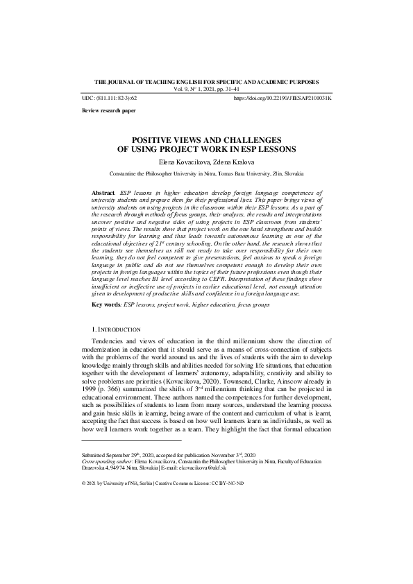 (PDF) Positive Views and Challenges of Using Project Work in Esp Lessons