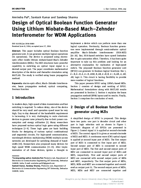(PDF) Design of Optical Boolean Function Generator Using Lithium Niobate-Based Mach–Zehnder ...