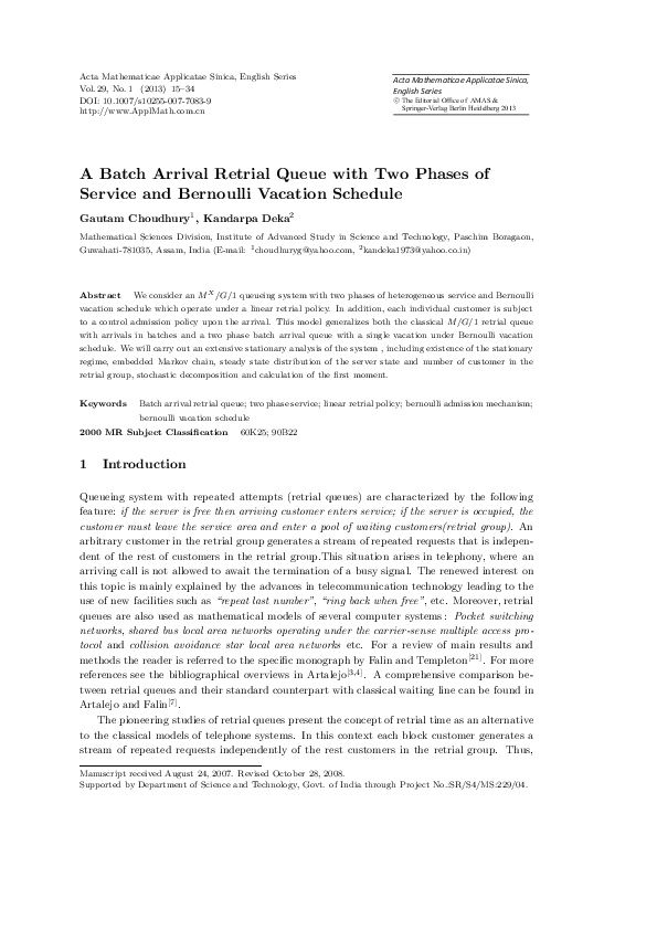 (PDF) A batch arrival retrial queue with two phases of service and Bernoulli vacation schedule