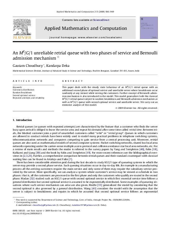 Pdf An Mxg1 Unreliable Retrial Queue With Two Phases Of Service And Bernoulli Admission