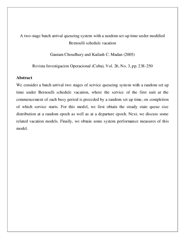 Pdf A Two Stage Batch Arrival Queueing System With A Random Setup 7292