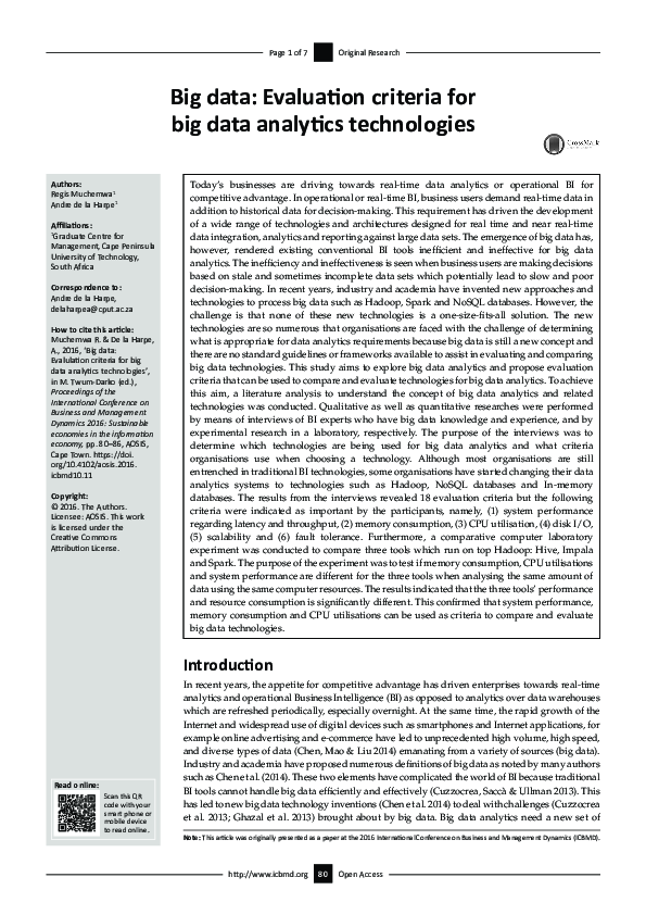 (PDF) Criteria for Evaluating Big Data Technologies
