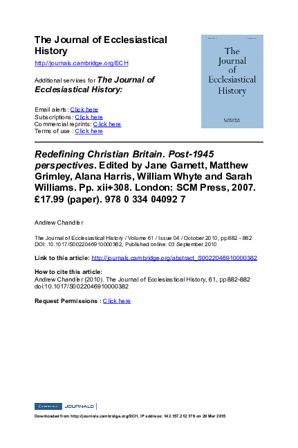 (PDF) Redefining Christian Britain: Post 1945 Perspectives. Edited by ...