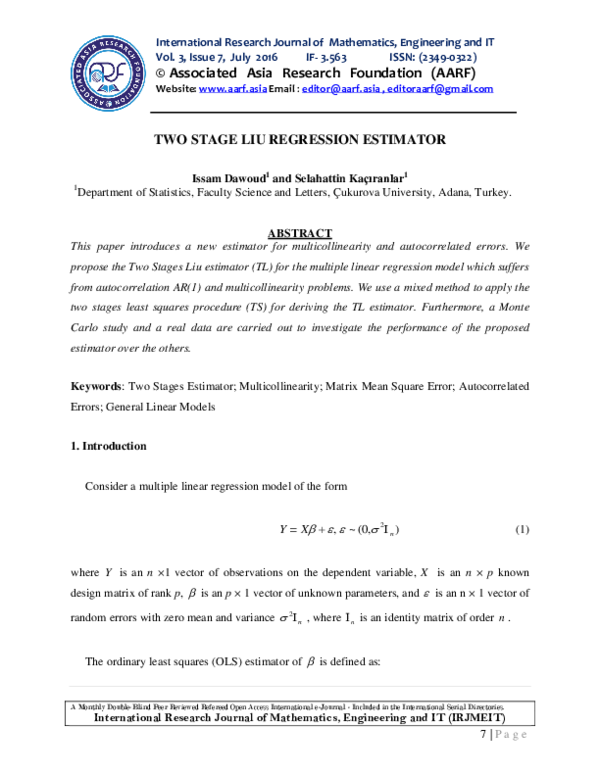 (PDF) Two Stage Liu Regression Estimator
