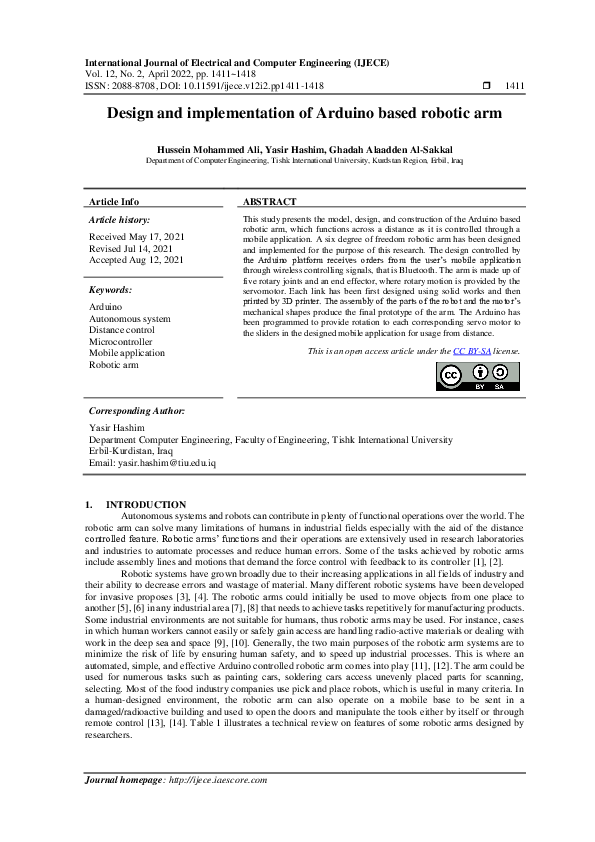 Pdf Design And Implementation Of Arduino Based Robotic Arm