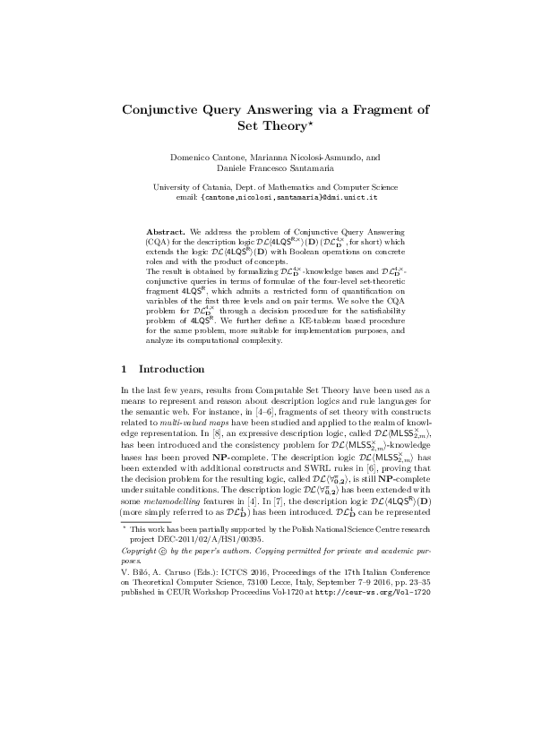 (PDF) Conjunctive Query Answering via a Fragment of Set Theory