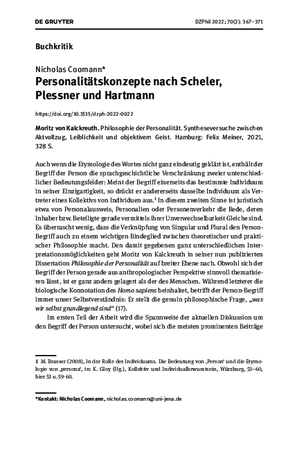 (PDF) Personalitätskonzepte nach Scheler, Plessner und Hartmann