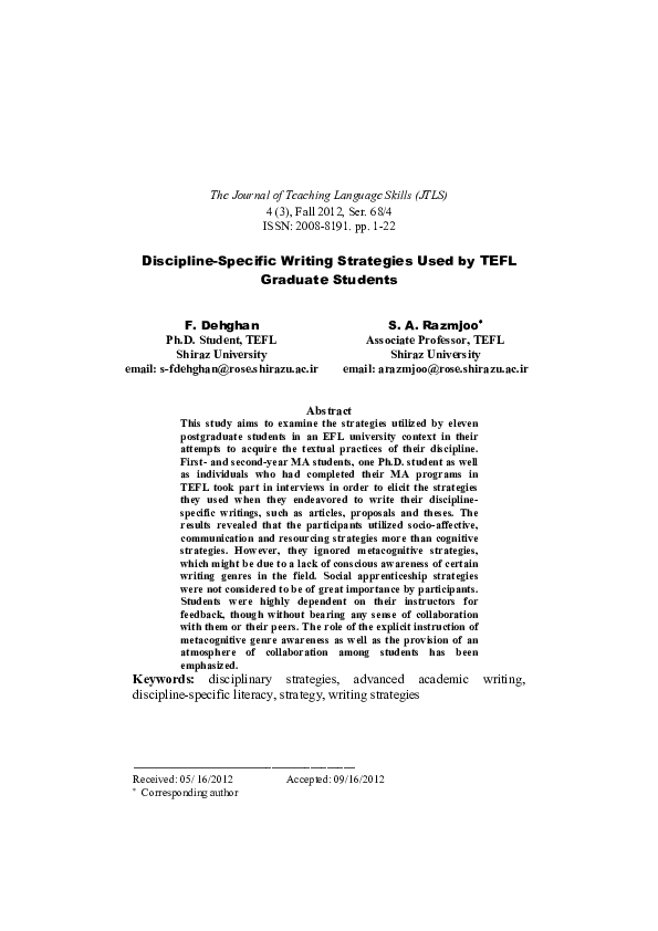 (PDF) Discipline-Specific Writing Strategies Used by TEFL Graduate Students