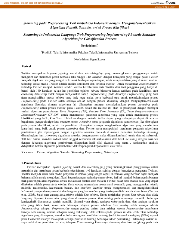 (PDF) Stemming Pada Preprocessing Twit Berbahasa Indonesia Dengan Mengimplementasikan Algoritma ...