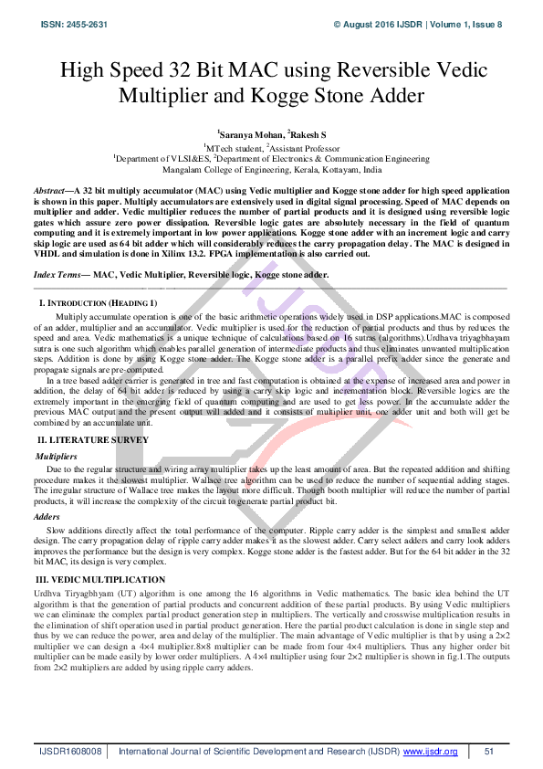 Pdf High Speed 32 Bit Mac Using Reversible Vedic Multiplier And Kogge Stone Adder