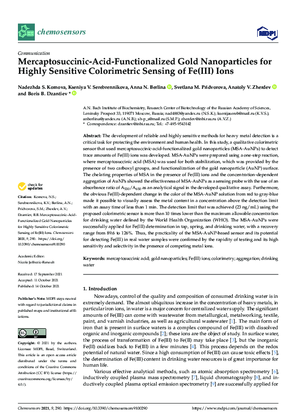 Pdf Mercaptosuccinic Acid Functionalized Gold Nanoparticles For Highly Sensitive Colorimetric