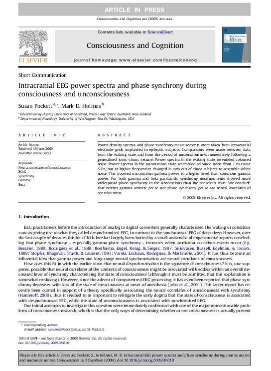 (PDF) Intracranial EEG power spectra and phase synchrony during consciousness and unconsciousness