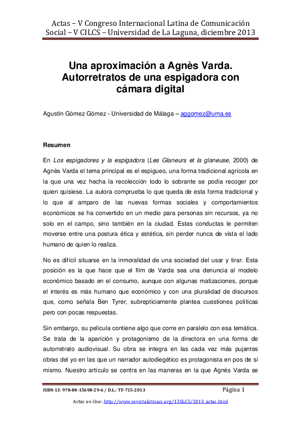(PDF) Agnès Varda, autorretratos de una espigadora con cámara digital