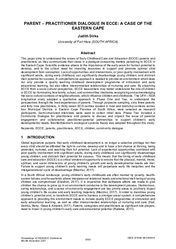 (PDF) Parent – Practitioner Dialogue in Ecce: A Case of the Eastern Cape