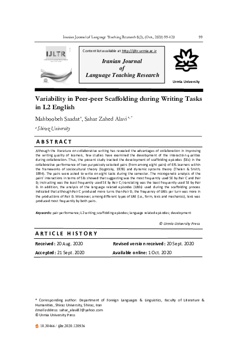 Pdf Variability In Peer Peer Scaffolding During Writing Tasks In L2