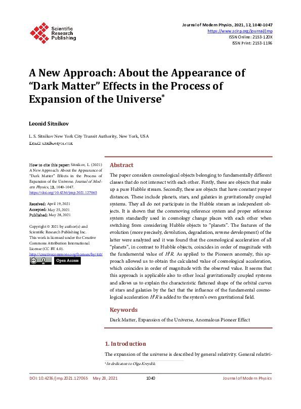 (PDF) A New Approach: About the Appearance of “Dark Matter” Effects in ...