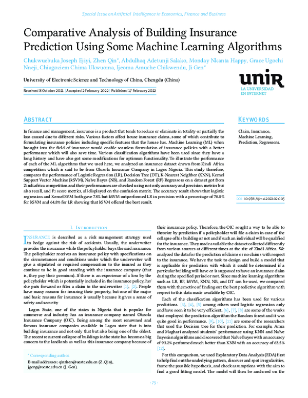 (PDF) Comparative Analysis of Building Insurance Prediction Using Some Machine Learning Algorithms