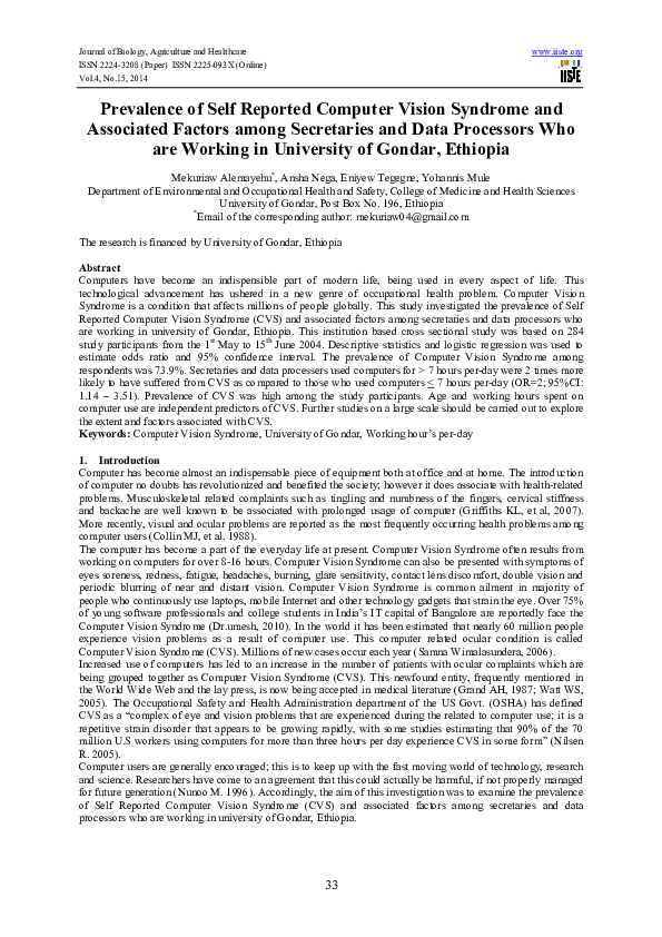 (PDF) Prevalence of Self Reported Computer Vision Syndrome and ...