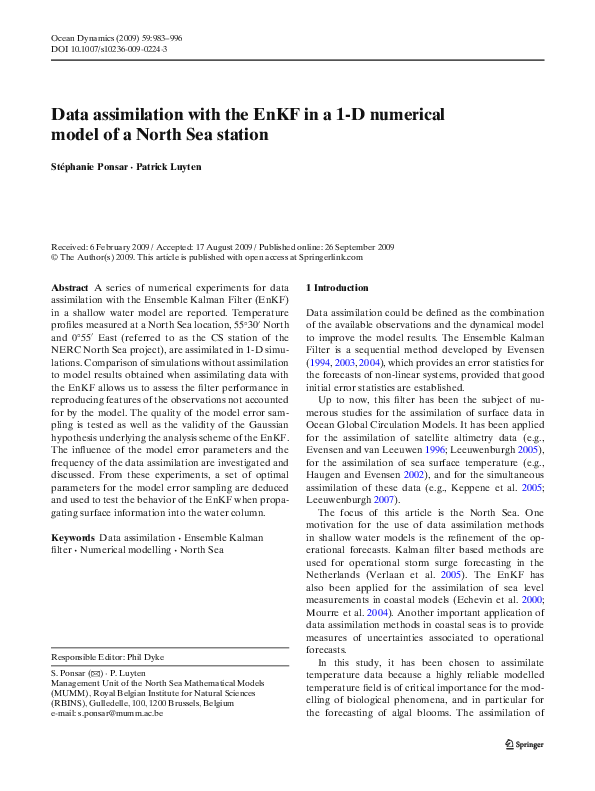 (PDF) Data assimilation with the EnKF in a 1-D numerical model of a ...
