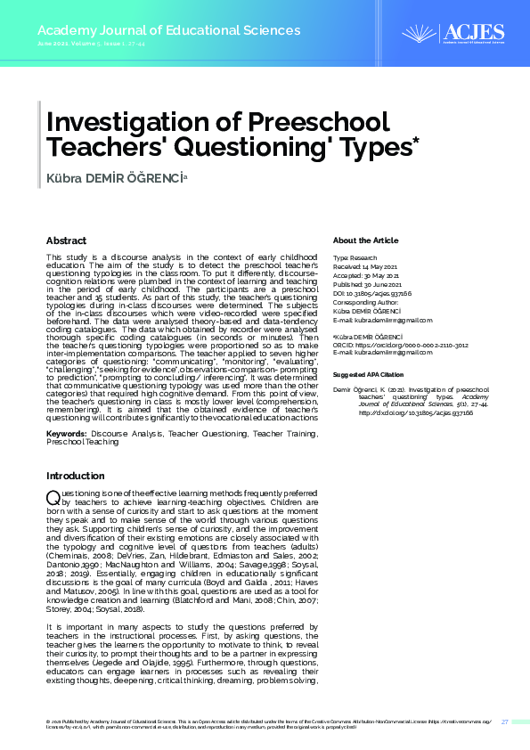 (PDF) Investigation of Preeschool Teachers' Questions' Types