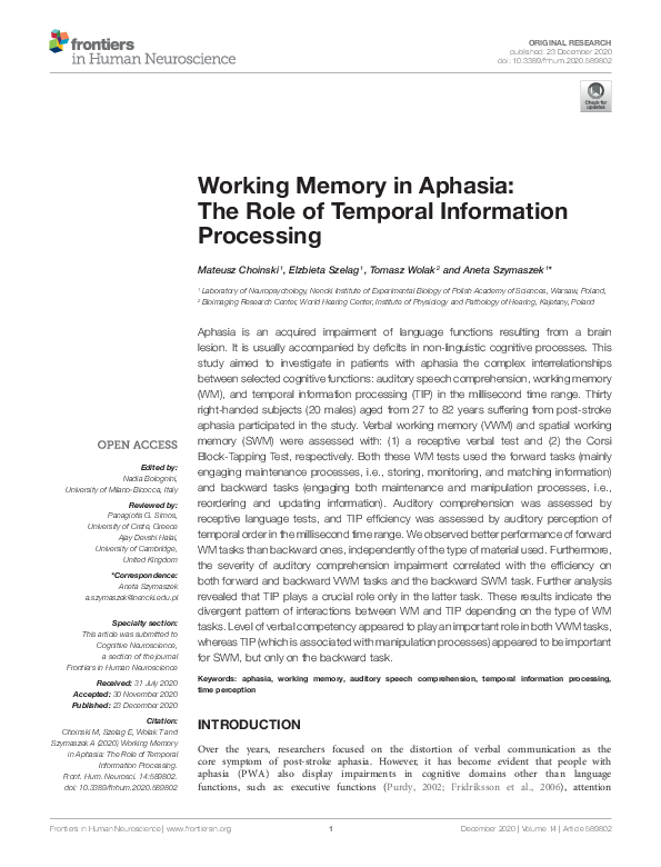 (PDF) Working Memory in Aphasia: The Role of Temporal Information Processing
