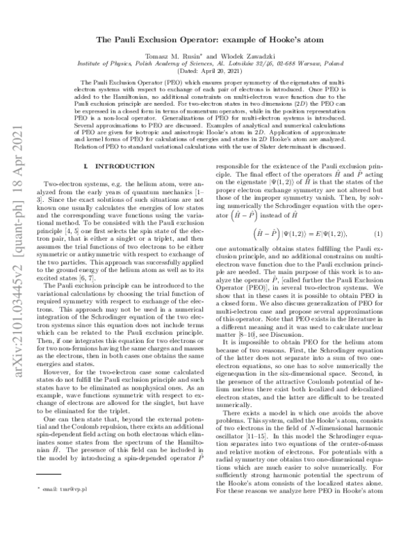 (PDF) The Pauli Exclusion Operator: example of Hooke's atom