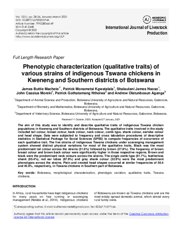 (PDF) Phenotypic characterization (qualitative traits) of various strains of indigenous Tswana ...