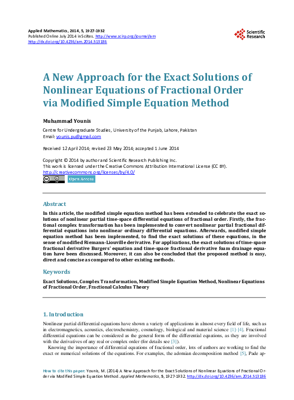 (PDF) A New Approach for the Exact Solutions of Nonlinear Equations of Fractional Order via ...