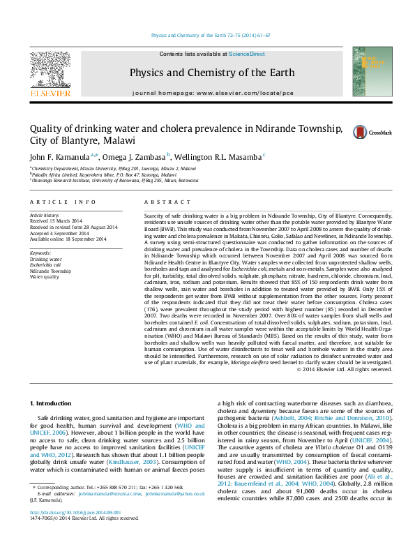 (PDF) Quality of drinking water and cholera prevalence in Ndirande ...