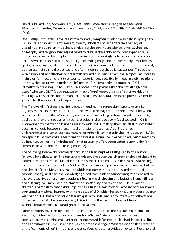 (DOC) Review of David Luke and Rory Spowers (eds), DMT Entity Encounters