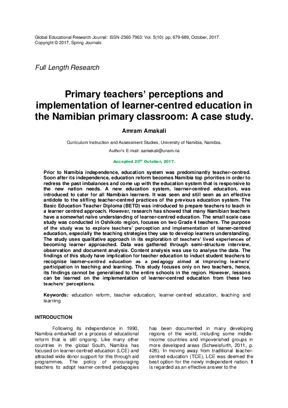 (PDF) Primary teachers’ perceptions and implementation of learner-centred education in the ...