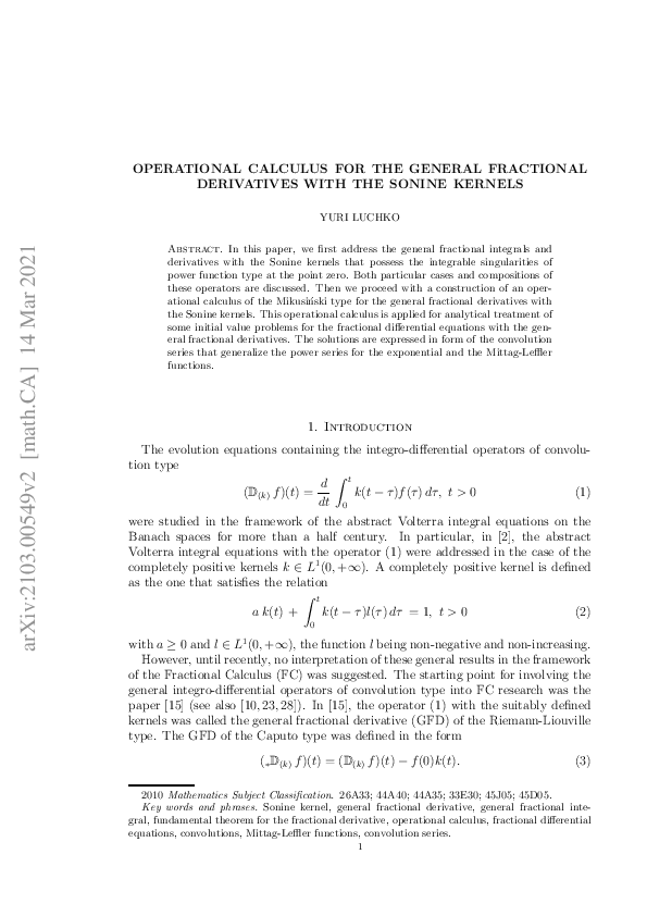 (PDF) Operational calculus for the general fractional derivative and ...